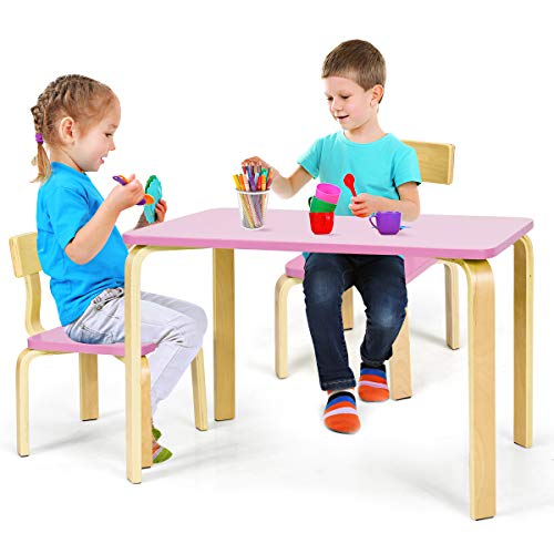 Costzon Kids Table and Chair Set, Wood Table and Chairs for Toddlers Reading, Arts, Crafts, Homework, Snack Time, 3 Piece Furniture for Playroom Home School Classroom, Childrens Table and Chair, Pink