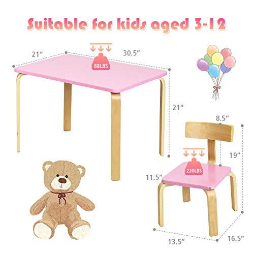 Costzon Kids Table and Chair Set, Wood Table and Chairs for Toddlers Reading, Arts, Crafts, Homework, Snack Time, 3 Piece Furniture for Playroom Home School Classroom, Childrens Table and Chair, Pink