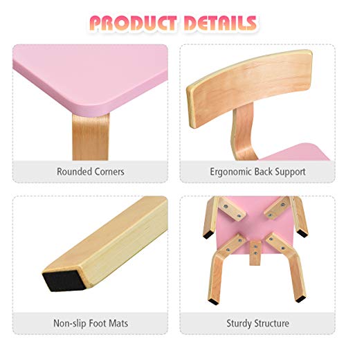 Costzon Kids Table and Chair Set, Wood Table and Chairs for Toddlers Reading, Arts, Crafts, Homework, Snack Time, 3 Piece Furniture for Playroom Home School Classroom, Childrens Table and Chair, Pink