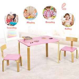 Costzon Kids Table and Chair Set, Wood Table and Chairs for Toddlers Reading, Arts, Crafts, Homework, Snack Time, 3 Piece Furniture for Playroom Home School Classroom, Childrens Table and Chair, Pink