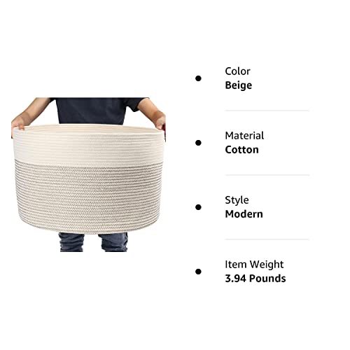 LotFancy XXXL Cotton Rope Storage Basket with Handles, 21 X 21 X 13’’ Large Woven Toy Basket for Baby Living Room, Bathroom, Laundry, Bedroom, Nursery, Blanket Holder