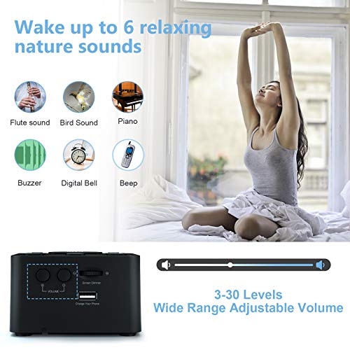 REACHER R3 Dual Alarm Clock and White Noise Machine with Adjustable Volume, 6 Wake Up Sounds, 12 Soothing Sounds for Sleeping, Auto-Off Timer, USB Charger, 0-100% Dimmer for Bedroom