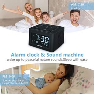 REACHER R3 Dual Alarm Clock and White Noise Machine with Adjustable Volume, 6 Wake Up Sounds, 12 Soothing Sounds for Sleeping, Auto-Off Timer, USB Charger, 0-100% Dimmer for Bedroom