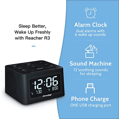 REACHER R3 Dual Alarm Clock and White Noise Machine with Adjustable Volume, 6 Wake Up Sounds, 12 Soothing Sounds for Sleeping, Auto-Off Timer, USB Charger, 0-100% Dimmer for Bedroom