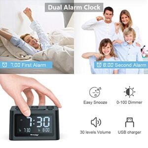 REACHER R3 Dual Alarm Clock and White Noise Machine with Adjustable Volume, 6 Wake Up Sounds, 12 Soothing Sounds for Sleeping, Auto-Off Timer, USB Charger, 0-100% Dimmer for Bedroom