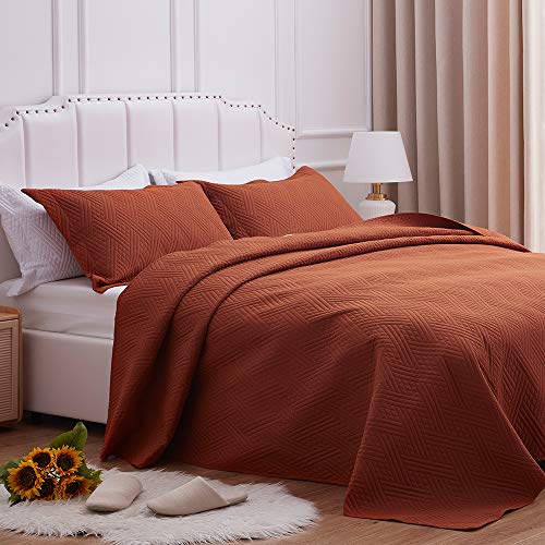 SunStyle Home Quilt Set Full/Queen Size, Rust Diamond Pattern Bedspread-90x96, Soft Lightweight Microfiber Coverlet, Luxurious Warm Bed Cover for All Seasons-3 Pieces(1 Quilt, 2 Pillow Shams)