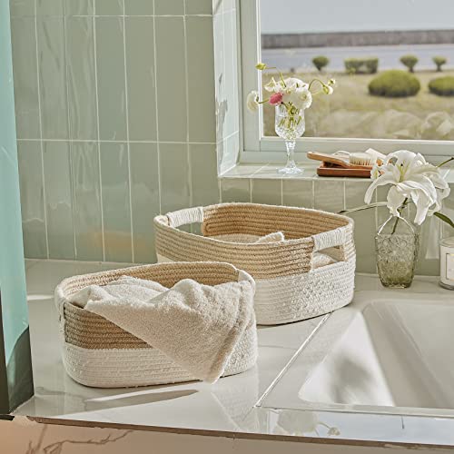 LA JOLIE MUSE Rectangle Storage Baskets Set of 2, Natural Soft Cotton and Jute Rope Baskets for Baby Nursery Kids Toys, Decorative Baskets for Organizing