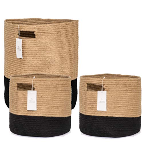 Chloe and Cotton Woven Coiled Rope Storage Baskets XL 19 x 16 inch and Set of 2 Cubby Baskets Jute Black Handles | Decorative Laundry Clothes Hamper, Blanket, Towel, Baby Nursery Bin Cute Organizer