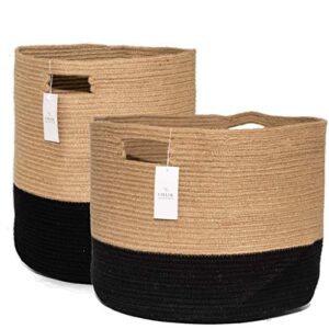 chloe and cotton woven coiled rope storage baskets xl 19 x 16 inch and xxxl 15 x 21 jute black handles | decorative laundry clothes hamper, blanket, towel, baby nursery bin cute organizer