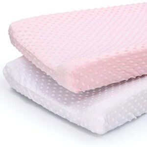 the peanutshell plush minky changing pad covers for baby girls | 2 pack set | pink and white