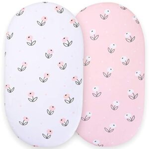 bassinet sheets for baby girl set of 2 by tansy panda - ultra soft, breathable, 100% organic cotton - compatible with halo, hourglass, rectangle bassinet mattress pad - pink and white floral