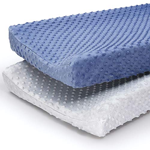 The Peanutshell Plush Minky Changing Pad Covers for Baby Boys or Girls | 2 Pack Set | Blue & Grey