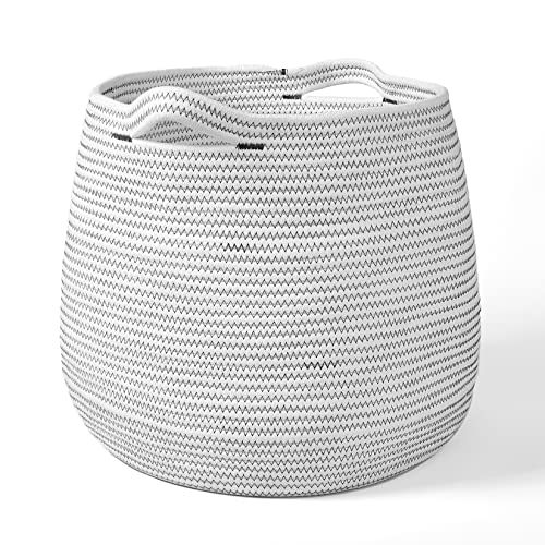 LA JOLIE MUSE 15” Large Cotton Rope Storage Basket with Handles, Versatile Organization and Storage Bin Organizer, Natural and Safe for Baby and Kids, 15”(H)*14.2”(D), White, Zig Zag Line Patterned