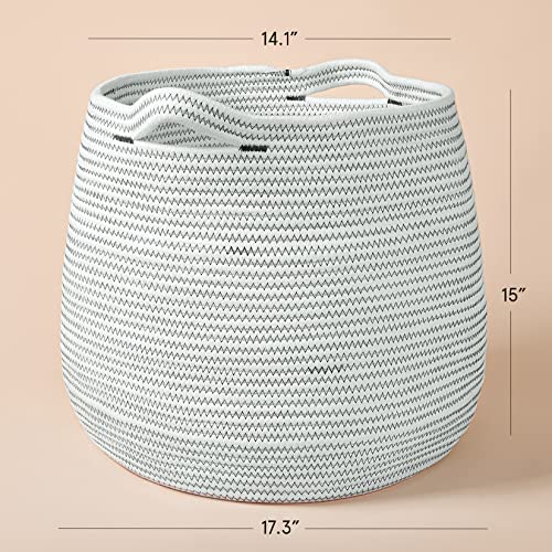 LA JOLIE MUSE 15” Large Cotton Rope Storage Basket with Handles, Versatile Organization and Storage Bin Organizer, Natural and Safe for Baby and Kids, 15”(H)*14.2”(D), White, Zig Zag Line Patterned