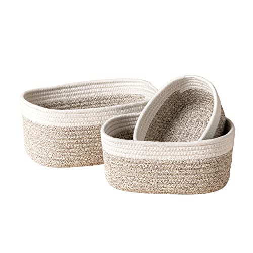 LA JOLIE MUSE Rope Storage Baskets for Organizing, Small Cotton Woven Basket for Bathroom Shelve Nursery, Decorative Basket Organizer Bins Set of 3, White & Desert