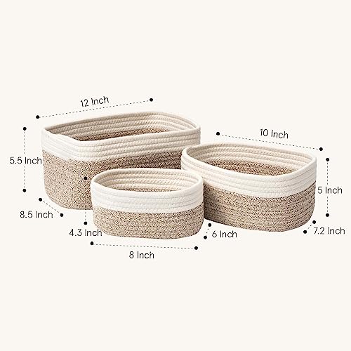 LA JOLIE MUSE Rope Storage Baskets for Organizing, Small Cotton Woven Basket for Bathroom Shelve Nursery, Decorative Basket Organizer Bins Set of 3, White & Desert