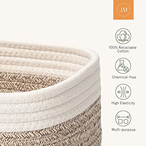 LA JOLIE MUSE Rope Storage Baskets for Organizing, Small Cotton Woven Basket for Bathroom Shelve Nursery, Decorative Basket Organizer Bins Set of 3, White & Desert