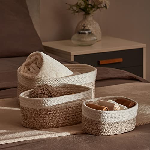 LA JOLIE MUSE Rope Storage Baskets for Organizing, Small Cotton Woven Basket for Bathroom Shelve Nursery, Decorative Basket Organizer Bins Set of 3, White & Desert