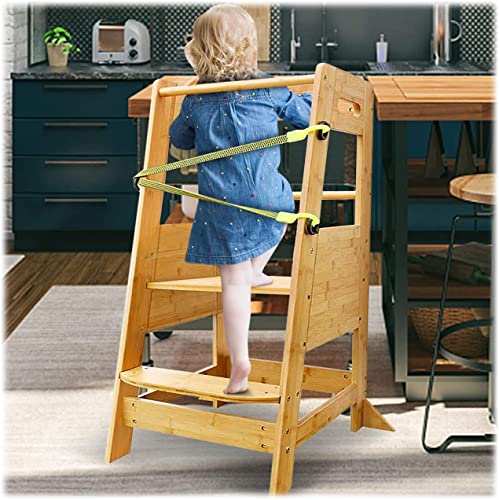 XiaZ Kids Kitchen Step Stool, Bamboo Toddler Standing Tower Height Adjustable Wood Helper Tower with Safety Belt for Kids Kitchen Learning Counter Bathroom Sink