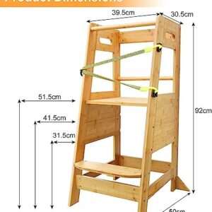 XiaZ Kids Kitchen Step Stool, Bamboo Toddler Standing Tower Height Adjustable Wood Helper Tower with Safety Belt for Kids Kitchen Learning Counter Bathroom Sink