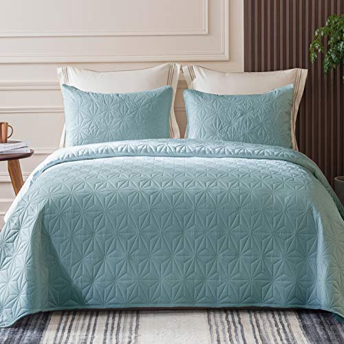 Whale Flotilla 3-Piece Queen Size Quilt Set/Bedspreads/Coverlets for All Season, Star Pattern Bedding Set with 2 Pillow Shams, Soft and Lightweight, Aqua Blue