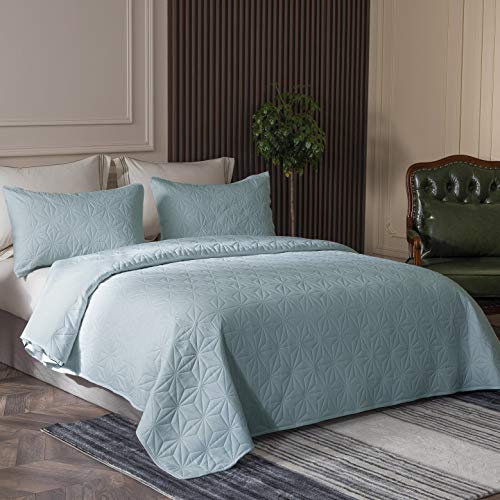 Whale Flotilla 3-Piece Queen Size Quilt Set/Bedspreads/Coverlets for All Season, Star Pattern Bedding Set with 2 Pillow Shams, Soft and Lightweight, Aqua Blue