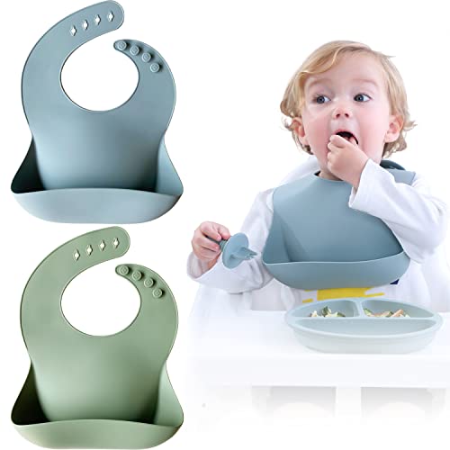 Moonkie Silicone Baby Bibs Set Of 2 | BPA Free Waterproof | Soft Durable Adjustable Silicone Bibs for Babies & Toddlers(Ether/Sage)