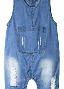 KIDSCOOL SPACE Baby Girls Big Bib Pocket Ripped Bowknot Decor Jeans Coveralls,Blue,3-6 Months