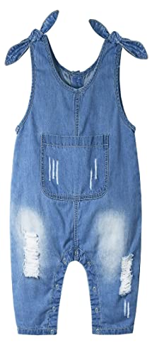 KIDSCOOL SPACE Baby Girls Big Bib Pocket Ripped Bowknot Decor Jeans Coveralls,Blue,3-6 Months