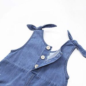 KIDSCOOL SPACE Baby Girls Big Bib Pocket Ripped Bowknot Decor Jeans Coveralls,Blue,3-6 Months