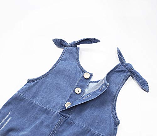 KIDSCOOL SPACE Baby Girls Big Bib Pocket Ripped Bowknot Decor Jeans Coveralls,Blue,3-6 Months