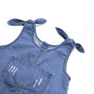 KIDSCOOL SPACE Baby Girls Big Bib Pocket Ripped Bowknot Decor Jeans Coveralls,Blue,3-6 Months