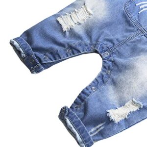 KIDSCOOL SPACE Baby Girls Big Bib Pocket Ripped Bowknot Decor Jeans Coveralls,Blue,3-6 Months