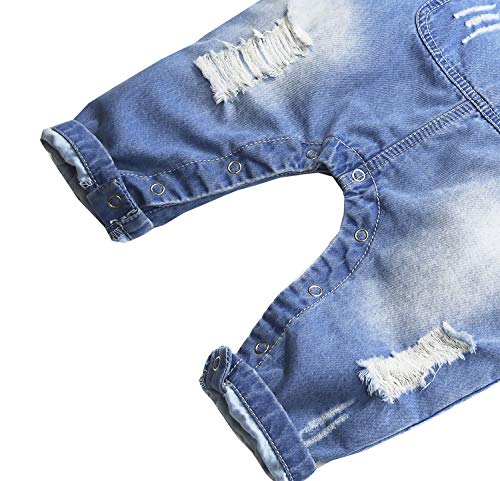 KIDSCOOL SPACE Baby Girls Big Bib Pocket Ripped Bowknot Decor Jeans Coveralls,Blue,3-6 Months