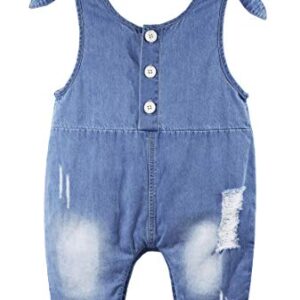 KIDSCOOL SPACE Baby Girls Big Bib Pocket Ripped Bowknot Decor Jeans Coveralls,Blue,3-6 Months