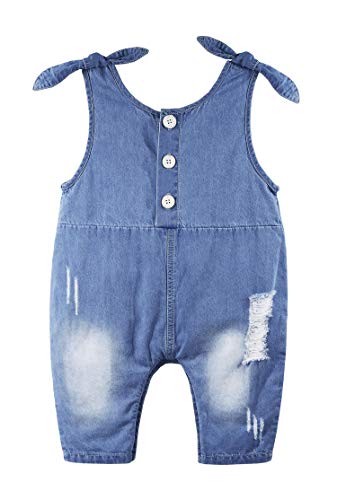 KIDSCOOL SPACE Baby Girls Big Bib Pocket Ripped Bowknot Decor Jeans Coveralls,Blue,3-6 Months