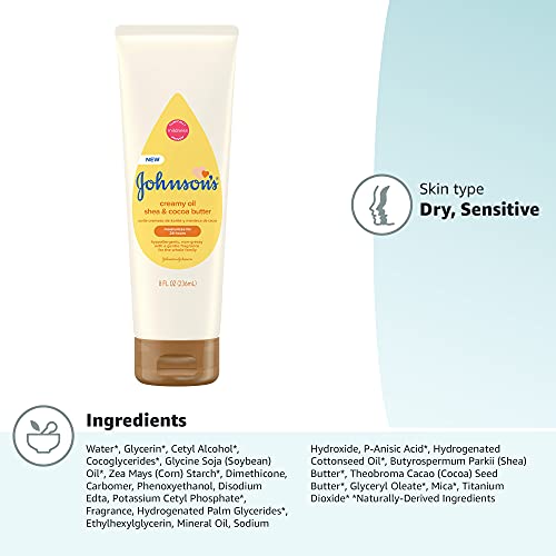 Johnson's Creamy Oil for Baby with Shea & Cocoa Butter, Moisturizing Body Lotion with Gentle Fragrance, Hypoallergenic, Non-Greasy, Paraben-Free, Phthalate-Free and Dye-Free, 8 fl. oz