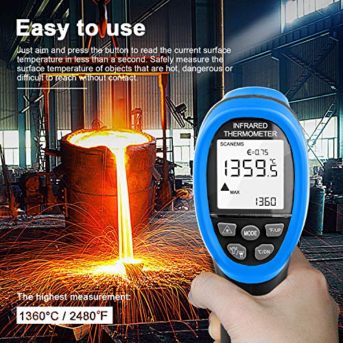 HOLDPEAK HP-985B Infrared Thermometer Non-Contact, -58℉~2480℉ (-50℃～1360℃), Dual Laser Digital IR Thermometer Gun with Adjustable Emissivity for Forge Melting Furnace Kilns Industry 【NOT for Human】