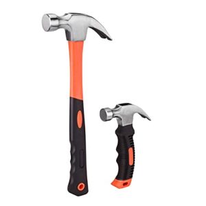 zuzuan 2 piece hammer set,includes 1 pack 8 oz mini stubby claw hammer and 1 pack 16 oz fiberglass general purpose claw hammer,soft nonslip handle & heat treated head,heavier for higher hardness