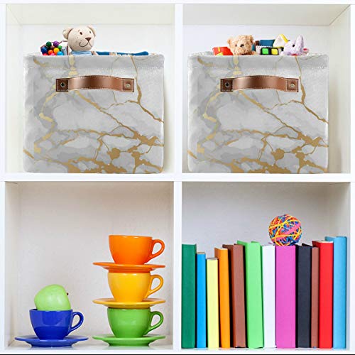 White Gold Marble Storage Basket Bin Large Fabric Toys Storage Cube Box with Handles Collapsible Closet Shelf Cloth Organizer Basket for Nursery Bedroom