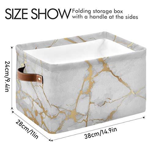 White Gold Marble Storage Basket Bin Large Fabric Toys Storage Cube Box with Handles Collapsible Closet Shelf Cloth Organizer Basket for Nursery Bedroom