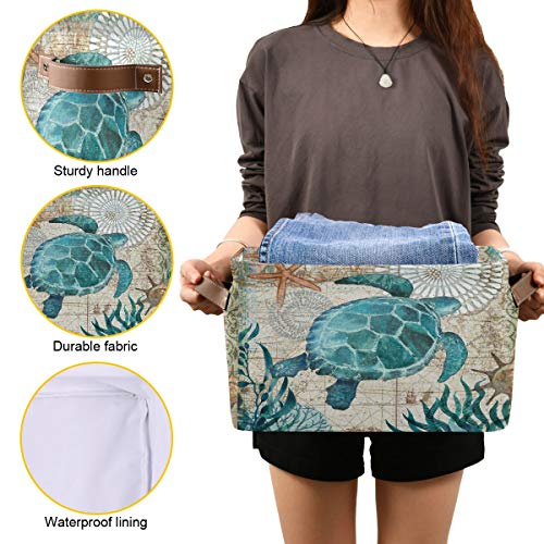 AUUXVA Sea Ocean Turtle Retro Map Storage Basket Bin Seaweed Large Fabric Toys Storage Cube Box with Handles Collapsible Closet Shelf Cloth Organizer Basket Set of 2 for Nursery Bedroom