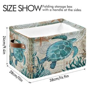 AUUXVA Sea Ocean Turtle Retro Map Storage Basket Bin Seaweed Large Fabric Toys Storage Cube Box with Handles Collapsible Closet Shelf Cloth Organizer Basket Set of 2 for Nursery Bedroom