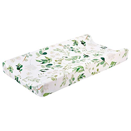 Stretchy Changing Pad Cover – Ultra Soft Diaper Changing Pad Table Sheets for Girls Boys Pure Cotton Safe and Snug Cradle Sheets Machine Washable Fit 32"/34'' x 16"Pad (Green Leaf)