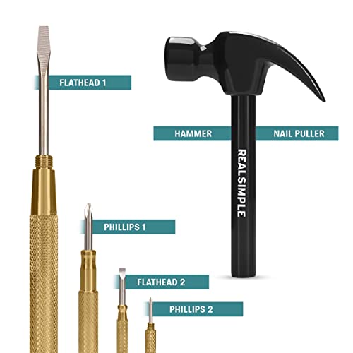 Real Simple All You Need 6-in-1 Hammer and Screwdriver Set | Includes Phillips Head Screwdriver, Flat head Screwdriver and Nail Puller | Ultimate Home Improvement Multi Tool | Gold