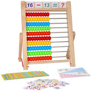 kidwill preschool math learning toy,10-row wooden frame abacus with multi-color beads, counting sticks, number alphabet cards, gift for 2 3 4 5 6 years old toddlers boys girls