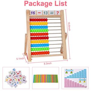 KIDWILL Preschool Math Learning Toy,10-Row Wooden Frame Abacus with Multi-Color Beads, Counting Sticks, Number Alphabet Cards, Gift for 2 3 4 5 6 Years Old Toddlers Boys Girls