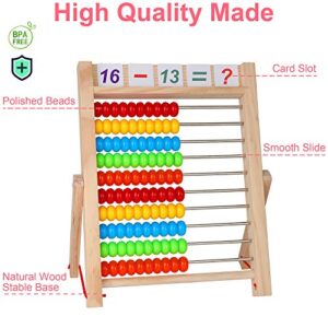 KIDWILL Preschool Math Learning Toy,10-Row Wooden Frame Abacus with Multi-Color Beads, Counting Sticks, Number Alphabet Cards, Gift for 2 3 4 5 6 Years Old Toddlers Boys Girls