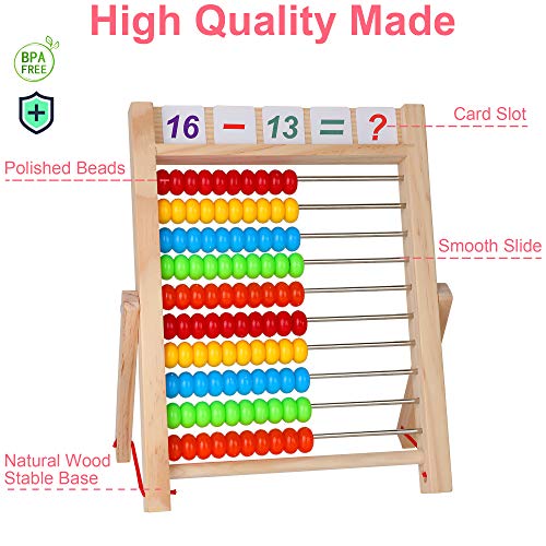 KIDWILL Preschool Math Learning Toy,10-Row Wooden Frame Abacus with Multi-Color Beads, Counting Sticks, Number Alphabet Cards, Gift for 2 3 4 5 6 Years Old Toddlers Boys Girls