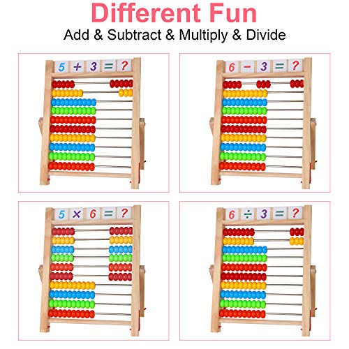 KIDWILL Preschool Math Learning Toy,10-Row Wooden Frame Abacus with Multi-Color Beads, Counting Sticks, Number Alphabet Cards, Gift for 2 3 4 5 6 Years Old Toddlers Boys Girls